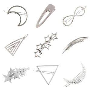 9 pack vintage minimalist bowknot circle moon star branch pearl metal silver hair clips hairpins snap barrettes comb claw clamp wedding bridal decorative hair styling ornament accessory for women lady