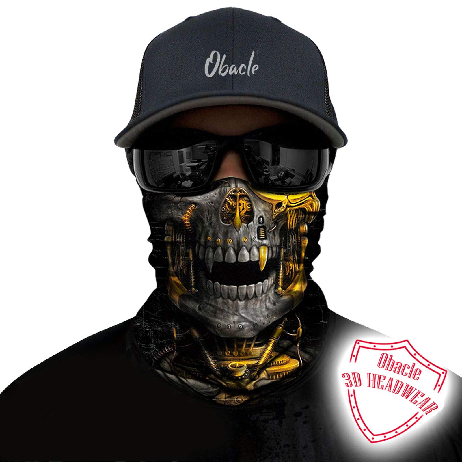 Obacle Skull Face Mask Half Gaiter Mask for Men Dust Wind UV Sun Protection Seamless 3D Tube Mask Bandana for Men Women Skeleton Mask Motorcycle Riding Bike Sports (Mechanical Grey-Gold Skull)