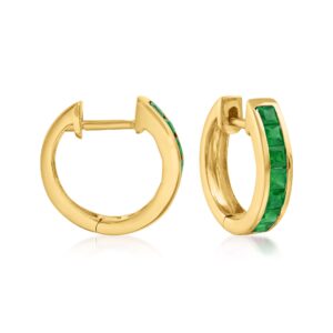 ross-simons 0.60 ct. t.w. square-cut emerald huggie hoop earrings in 14kt yellow gold