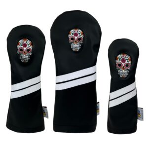 sunfish sugar skull black leather golf headcover set driver fairway hybrid