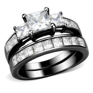 lanyjewelry 3 stone type 6mm princess cz black ip stainless steel wedding ring set -size 7