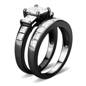 Lanyjewelry 3 Stone Type 6mm Princess CZ Black IP Stainless Steel Wedding Ring Set -Size 7