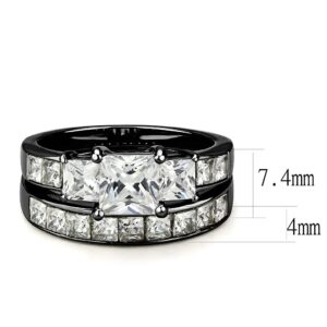 Lanyjewelry 3 Stone Type 6mm Princess CZ Black IP Stainless Steel Wedding Ring Set -Size 7