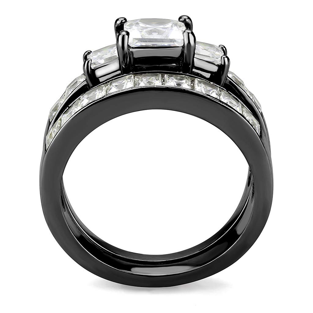 Lanyjewelry 3 Stone Type 6mm Princess CZ Black IP Stainless Steel Wedding Ring Set -Size 7