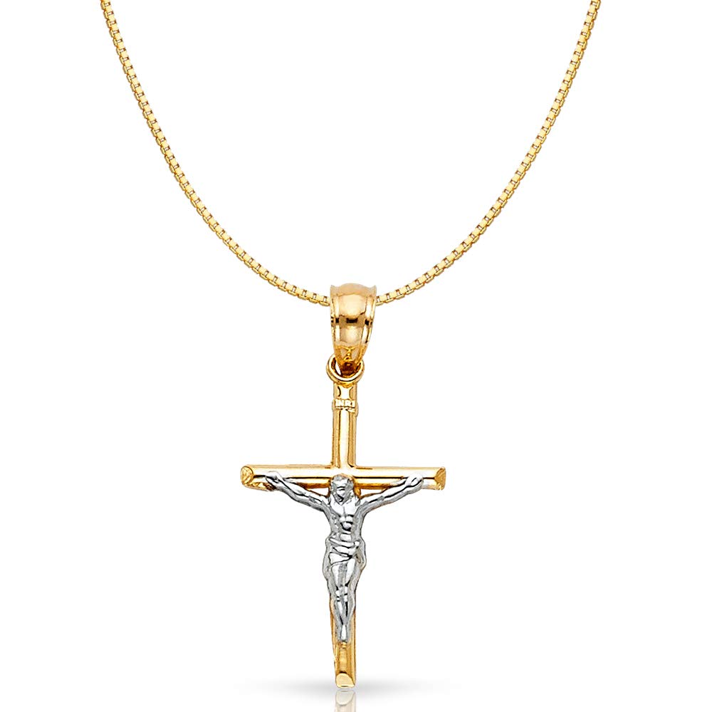 Ioka 14K Two Tone Gold Jesus Crucifix Cross Religious Charm Pendant with 0.6mm Box Chain Necklace - 16"