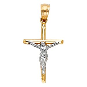 Ioka 14K Two Tone Gold Jesus Crucifix Cross Religious Charm Pendant with 0.6mm Box Chain Necklace - 16"