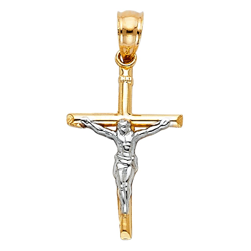 Ioka 14K Two Tone Gold Jesus Crucifix Cross Religious Charm Pendant with 0.6mm Box Chain Necklace - 16"