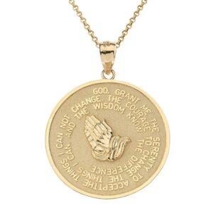 solid 10k yellow gold serenity prayer with praying hands and lord's prayer medal pendant necklace (1.18"), 18"