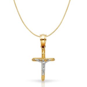 14k two tone gold jesus crucifix cross religious charm pendant with 0.5mm box chain necklace - 22"