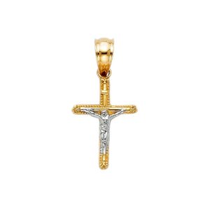 14K Two Tone Gold Jesus Crucifix Cross Religious Charm Pendant with 0.5mm Box Chain Necklace - 22"