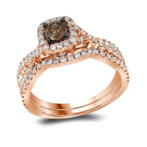 14kt rose gold womens round cognac-brown diamond bridal wedding engagement ring band set 1cttw