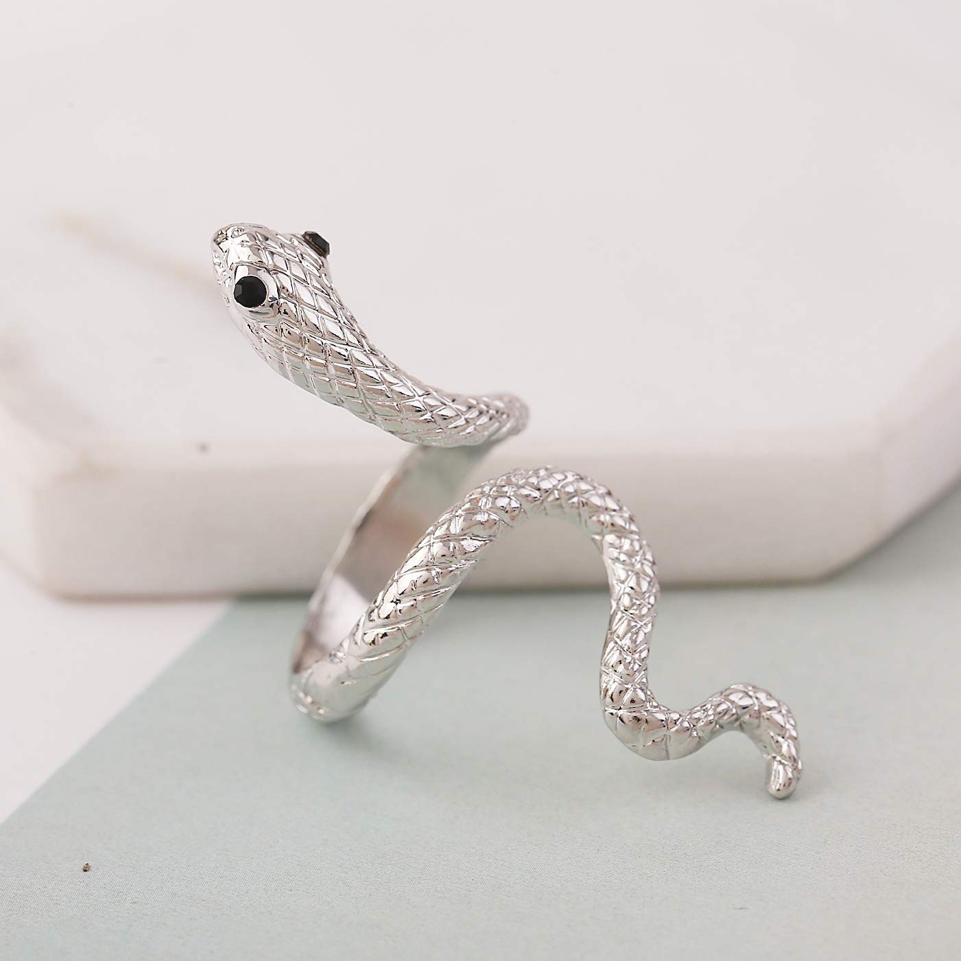 Caiyao Vivid 3D Snake Rings Simple Open Ring Adjustable Personality Animal Jewelry for Women-Silver