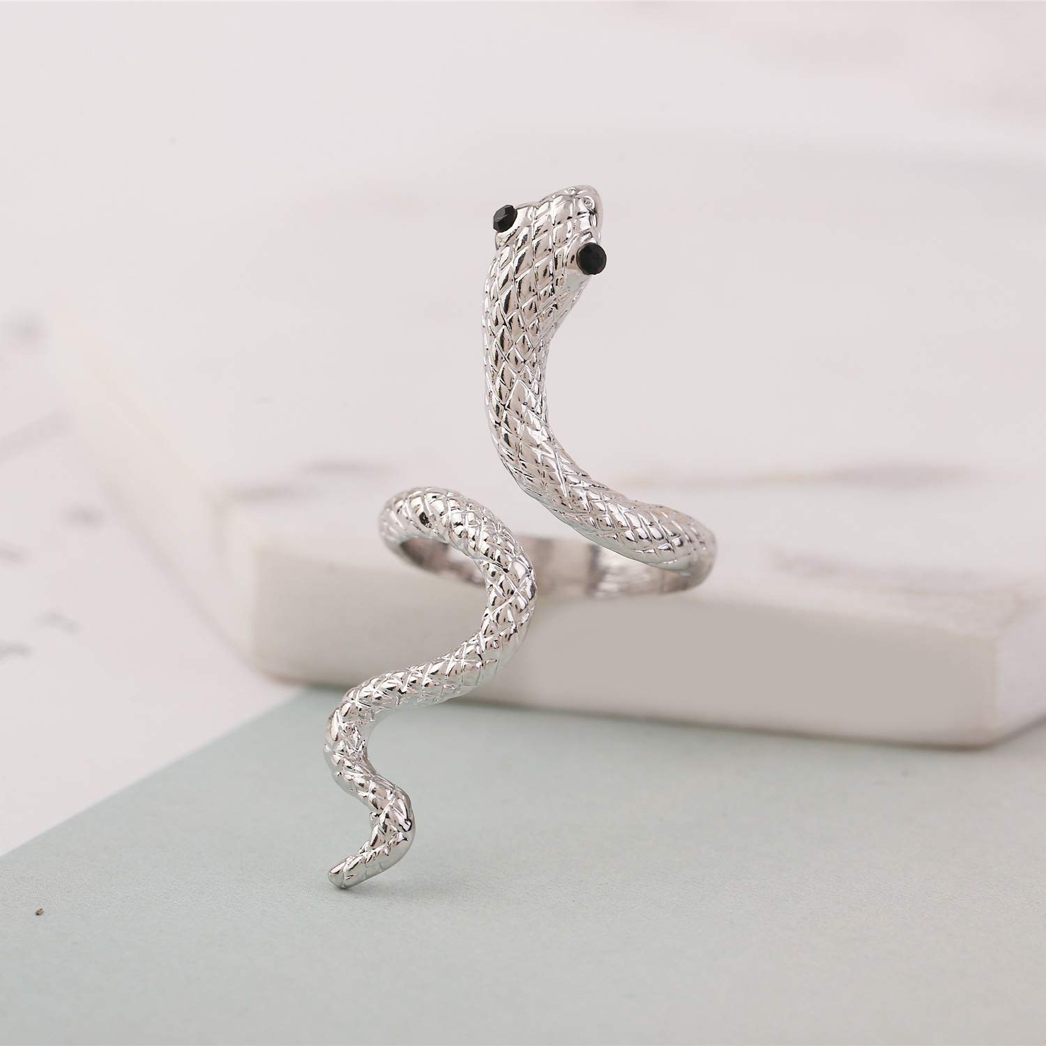 Caiyao Vivid 3D Snake Rings Simple Open Ring Adjustable Personality Animal Jewelry for Women-Silver