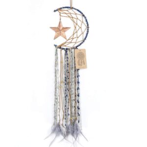 dremisland blue dream catcher handmade half circle moon design dream catcher feather hanging with star home decoration ornament festival gift (moon& star)