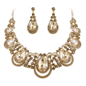 brilove costume fashion jewelry set for women crystal teardrop hollow scroll statement necklace dangle earrings set champagne gold-toned