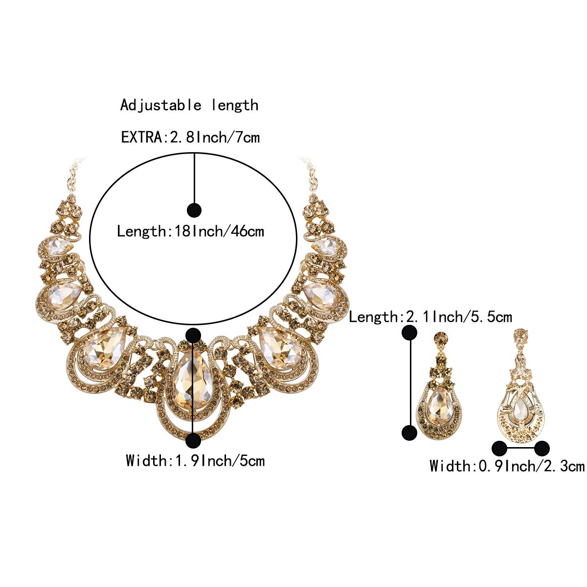 BriLove Costume Fashion Jewelry Set for Women Crystal Teardrop Hollow Scroll Statement Necklace Dangle Earrings Set Champagne Gold-Toned