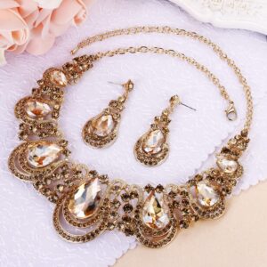 BriLove Costume Fashion Jewelry Set for Women Crystal Teardrop Hollow Scroll Statement Necklace Dangle Earrings Set Champagne Gold-Toned