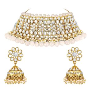 aheli elegant indian traditional wedding wear kundan pearl encrusted choker necklace set with jhumki earrings ethnic bollywood party for women (white)