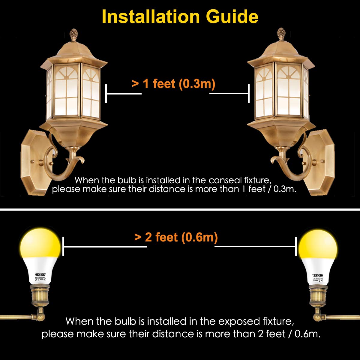 HEKEE Dusk to Dawn Light Bulbs A19 8W 720 Lumens, Outdoor Porch Lights, 60 Watt Equivalent, Amber LED Orange-Yellow Sensor Bulb, Security Bulb(Auto On/Off), E26 Screw Base(4 Pack)