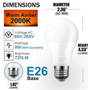 HEKEE Dusk to Dawn Light Bulbs A19 8W 720 Lumens, Outdoor Porch Lights, 60 Watt Equivalent, Amber LED Orange-Yellow Sensor Bulb, Security Bulb(Auto On/Off), E26 Screw Base(4 Pack)