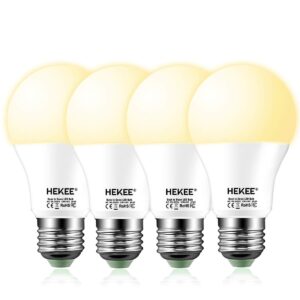 hekee dusk to dawn sensor light bulbs led a19 810 lumens, outdoor porch lights, 60 watt equivalent, warm white 2700k soft white security bulb(auto on/off), e26 screw base(4 pack)