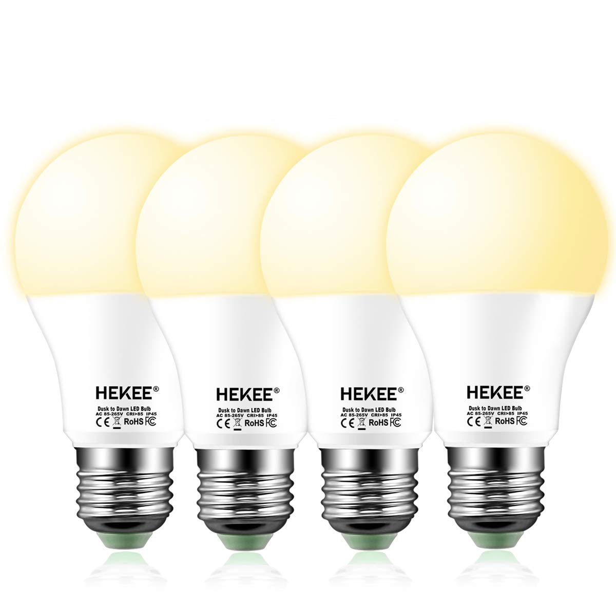 HEKEE Dusk to Dawn Sensor Light Bulbs LED A19 810 Lumens, Outdoor Porch Lights, 60 Watt Equivalent, Warm White 2700K Soft White Security Bulb(Auto on/off), E26 Screw Base(4 Pack)