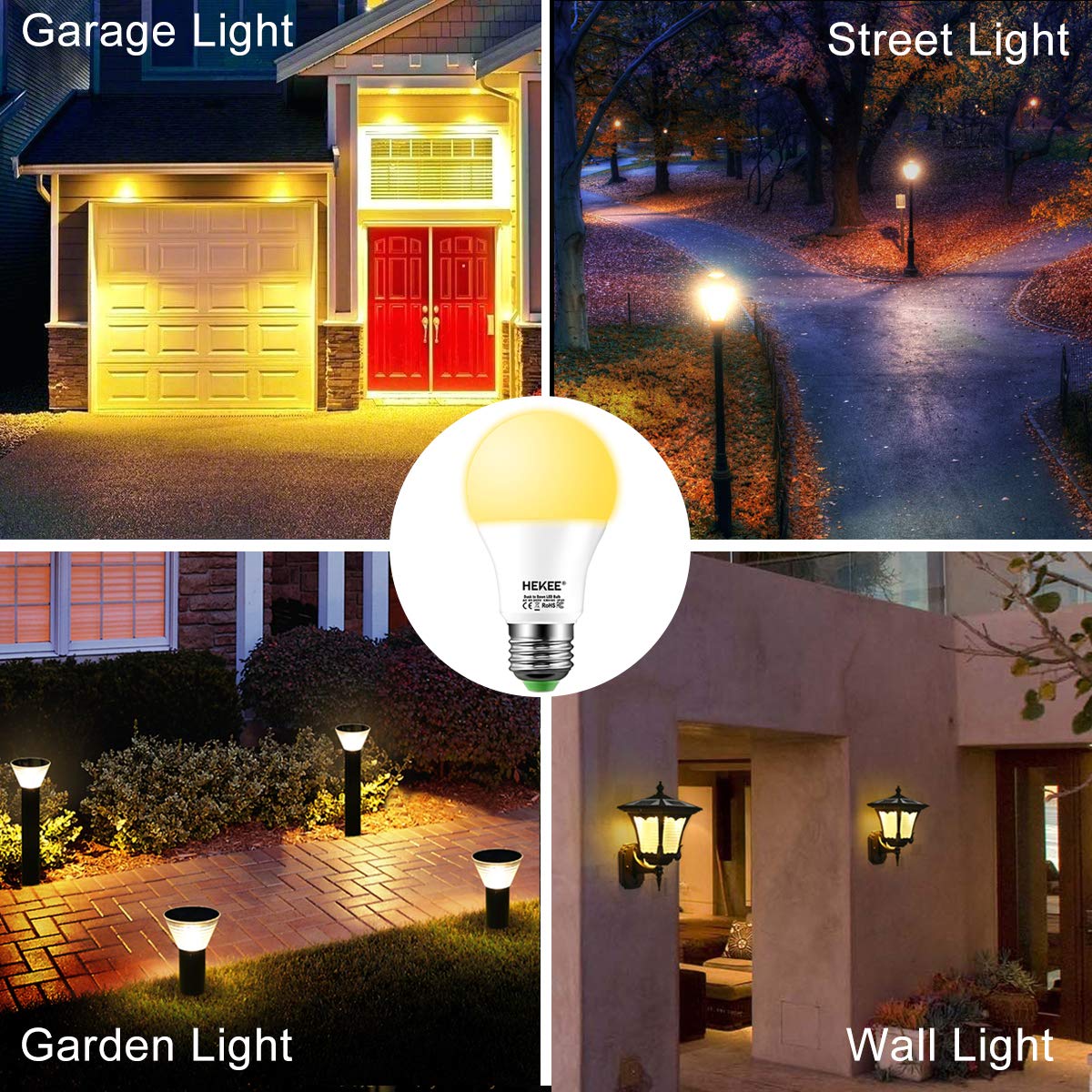 HEKEE Dusk to Dawn Sensor Light Bulbs LED A19 810 Lumens, Outdoor Porch Lights, 60 Watt Equivalent, Warm White 2700K Soft White Security Bulb(Auto on/off), E26 Screw Base(4 Pack)