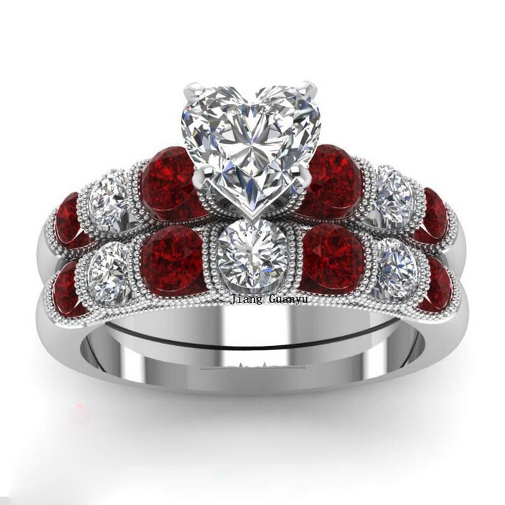 IOU Two Rings His Hers Wedding Ring Sets Couples Rings Women's 2pc White Gold Filled Red CZ Wedding Engagement Ring Bridal Sets & Men's Tungsten Carbide Wedding Band