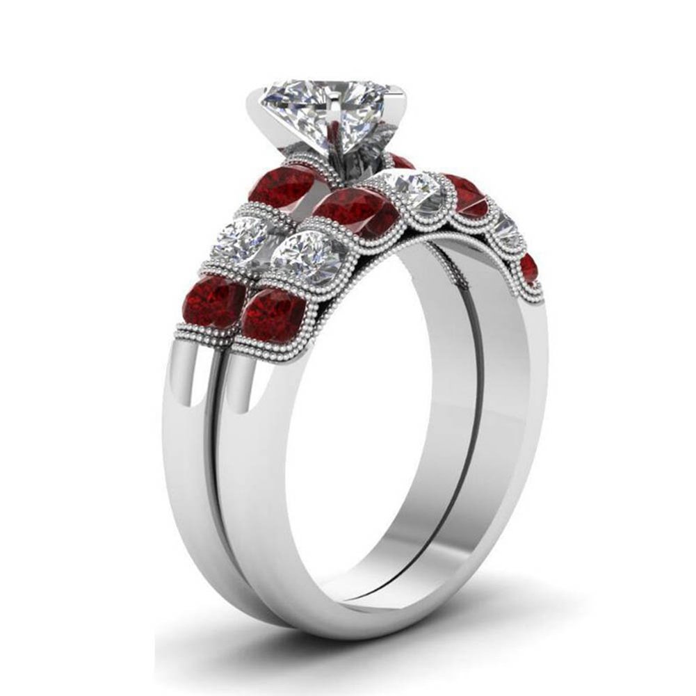 IOU Two Rings His Hers Wedding Ring Sets Couples Rings Women's 2pc White Gold Filled Red CZ Wedding Engagement Ring Bridal Sets & Men's Tungsten Carbide Wedding Band