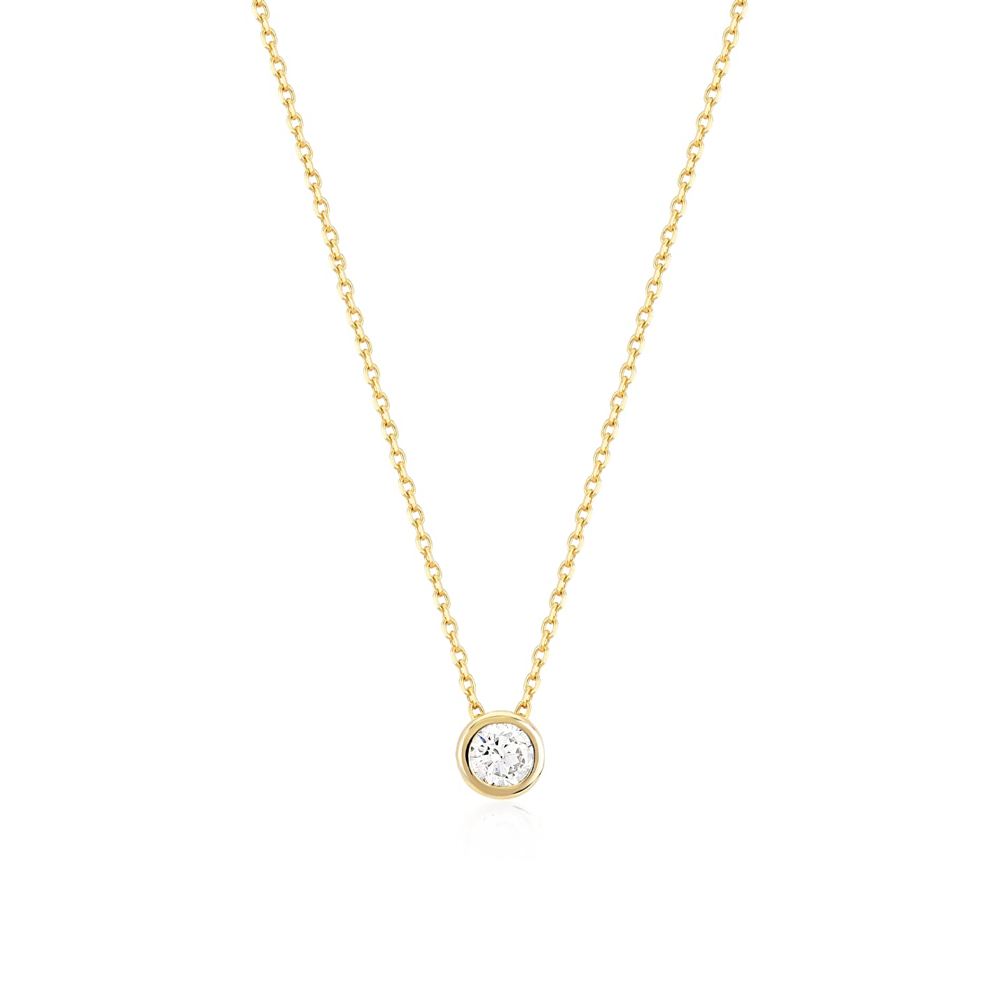 14k Solid Gold Solitaire Necklace | 14k Yellow Gold Floating Stone Necklaces for Women | Round Pendant Necklace | Delicate Solitaire Jewelry | Gifts for Christmas, 18"