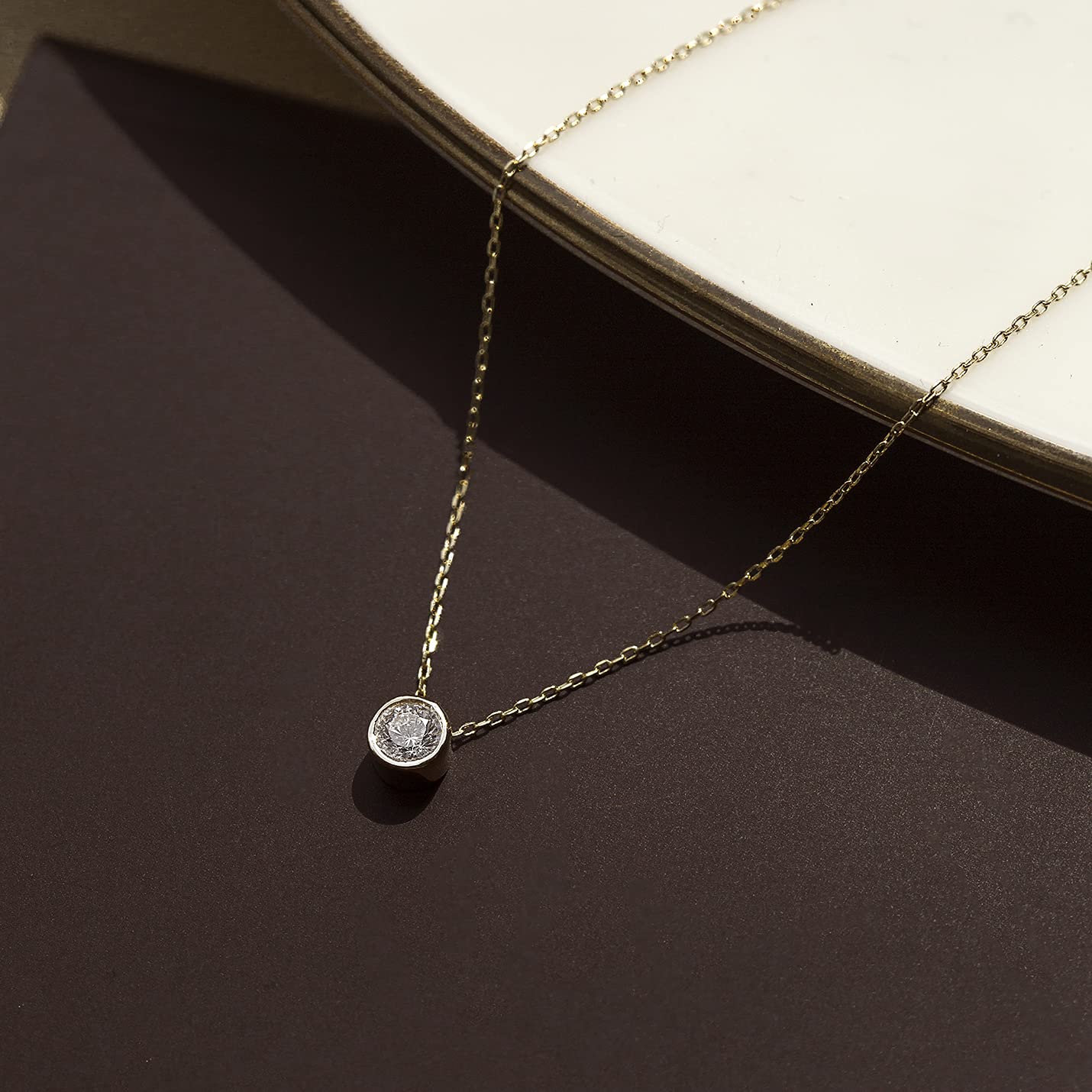 14k Solid Gold Solitaire Necklace | 14k Yellow Gold Floating Stone Necklaces for Women | Round Pendant Necklace | Delicate Solitaire Jewelry | Gifts for Christmas, 18"