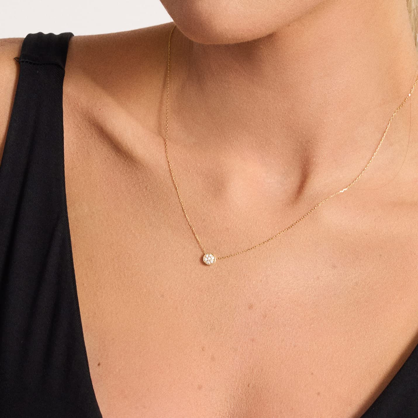 14k Solid Gold Solitaire Necklace | 14k Yellow Gold Floating Stone Necklaces for Women | Round Pendant Necklace | Delicate Solitaire Jewelry | Gifts for Christmas, 18"