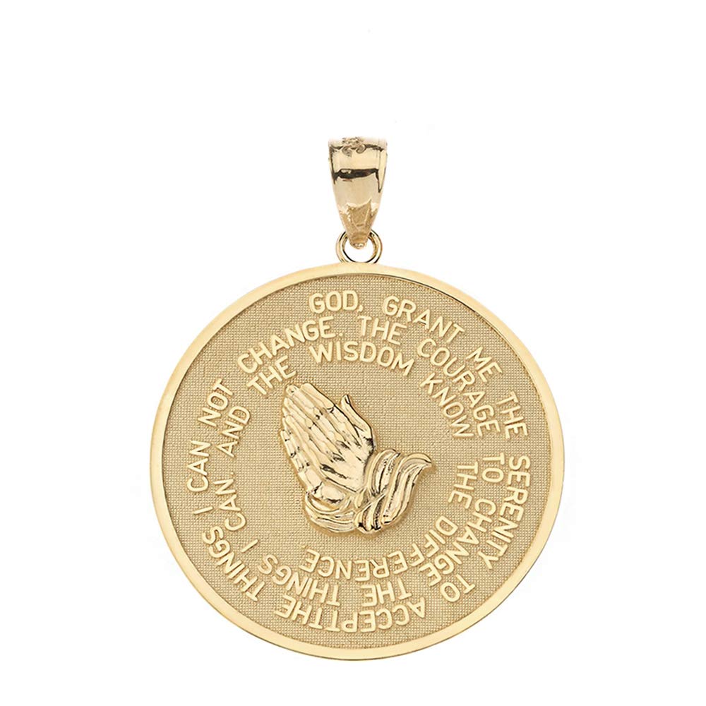 10K Yellow Gold Round Serenity Prayer and Lord's Prayer with Praying Hands Medal Style Medallion Charm Pendant - Size Large