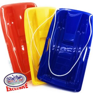 Matty's Toy Stop 26" Heavy Duty Plastic Snow Sled Toboggan with Tow Rope for Kids Red, Yellow & Blue Gift Set Bundle - 3 Pack