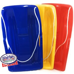 Matty's Toy Stop 26" Heavy Duty Plastic Snow Sled Toboggan with Tow Rope for Kids Red, Yellow & Blue Gift Set Bundle - 3 Pack