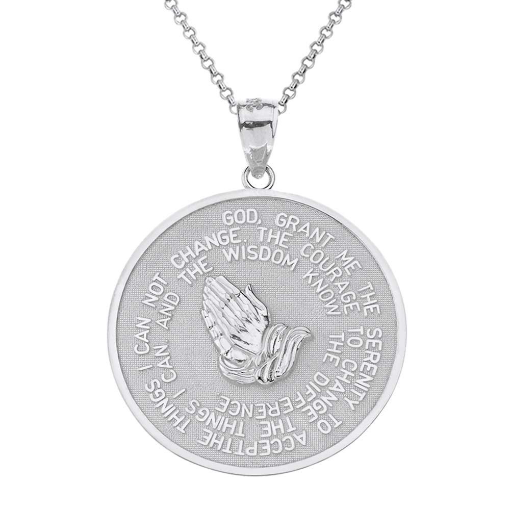 925 Sterling Silver Serenity Prayer with Praying Hands and Lord's Prayer Medal Pendant Necklace (1.52"), 22"