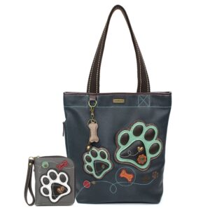 chala handbags big- everyday tote women handbag with zip around wallet (navy paw tote + white paw wallet)