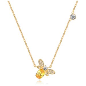 hypoallergenic 14k yellow gold dainty cute amber lovely tiny honey crystal cubic zirconia bee pendant necklace for women teen girls