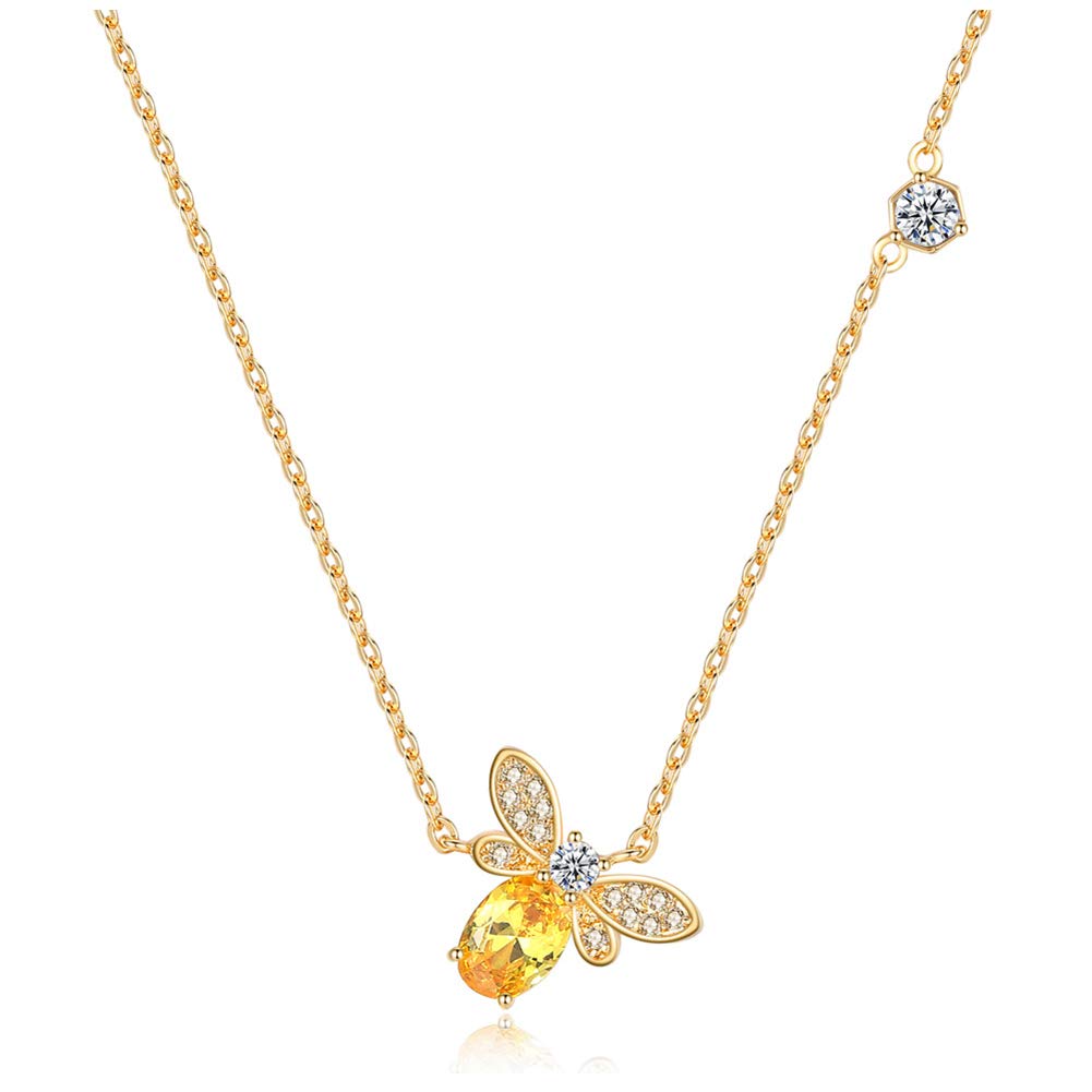 Hypoallergenic 14K Yellow Gold Dainty Cute Amber Lovely Tiny Honey Crystal Cubic Zirconia Bee Pendant Necklace for Women Teen Girls