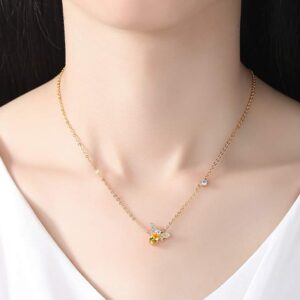 Hypoallergenic 14K Yellow Gold Dainty Cute Amber Lovely Tiny Honey Crystal Cubic Zirconia Bee Pendant Necklace for Women Teen Girls