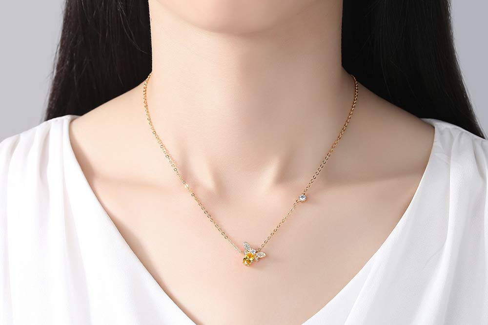 Hypoallergenic 14K Yellow Gold Dainty Cute Amber Lovely Tiny Honey Crystal Cubic Zirconia Bee Pendant Necklace for Women Teen Girls