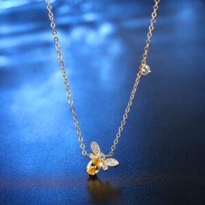 Hypoallergenic 14K Yellow Gold Dainty Cute Amber Lovely Tiny Honey Crystal Cubic Zirconia Bee Pendant Necklace for Women Teen Girls