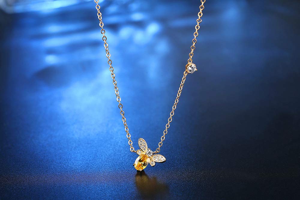 Hypoallergenic 14K Yellow Gold Dainty Cute Amber Lovely Tiny Honey Crystal Cubic Zirconia Bee Pendant Necklace for Women Teen Girls