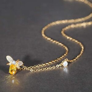 Hypoallergenic 14K Yellow Gold Dainty Cute Amber Lovely Tiny Honey Crystal Cubic Zirconia Bee Pendant Necklace for Women Teen Girls