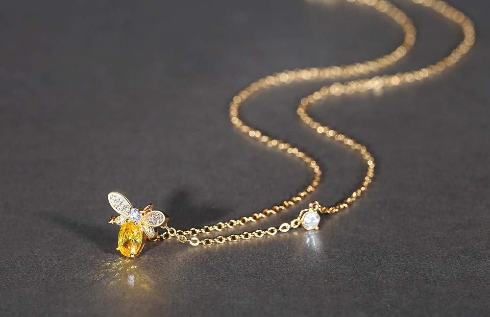 Hypoallergenic 14K Yellow Gold Dainty Cute Amber Lovely Tiny Honey Crystal Cubic Zirconia Bee Pendant Necklace for Women Teen Girls