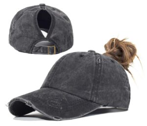 washed ponytail hats pony tail caps distressed-baseball for women(jean black)