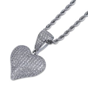 JINAO Iced Out Club Diamond Heart Spade Playing Cards Simulated Lab diamonds Pendant Necklace (Heart-Silver)