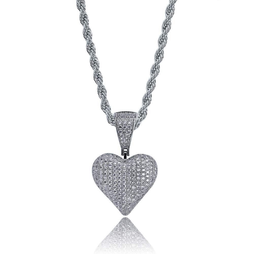 JINAO Iced Out Club Diamond Heart Spade Playing Cards Simulated Lab diamonds Pendant Necklace (Heart-Silver)