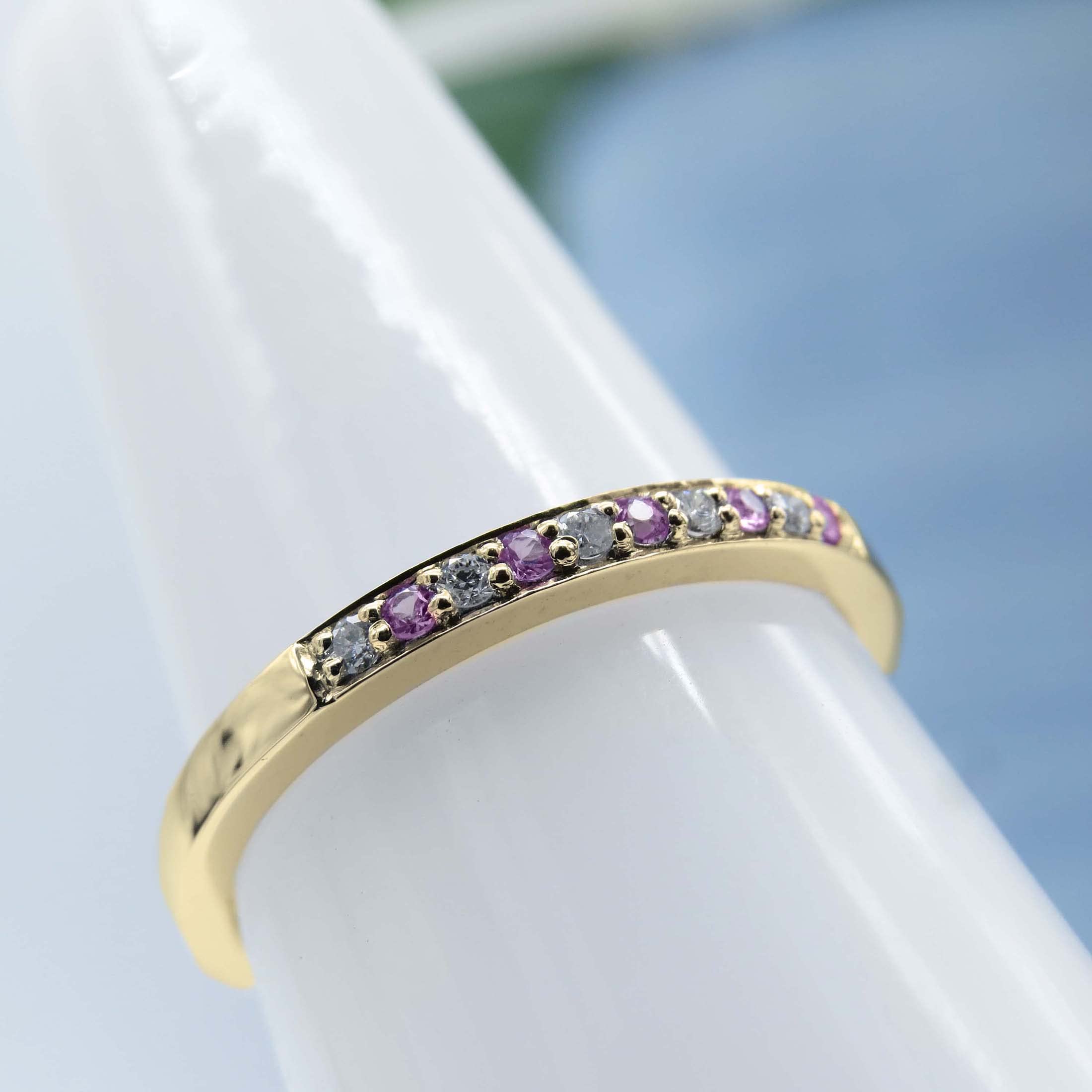 Dazzlingrock Collection Round Amethyst & White Diamond Alternate Stone Wedding Band for Women in 14K Yellow Gold, Size 7