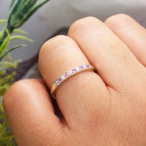 Dazzlingrock Collection Round Amethyst & White Diamond Alternate Stone Wedding Band for Women in 14K Yellow Gold, Size 7